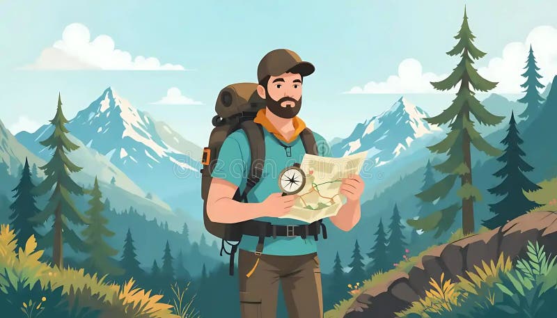 Flat Design Concept Illustration of a Hiker Holding a Map and Compass ...