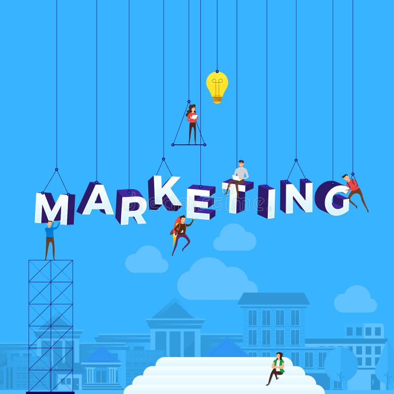 Flat Design Concept People Working for Building Text MARKETING. Stock ...