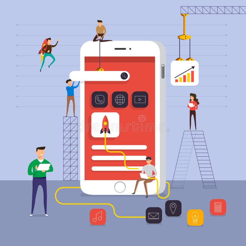 Flat Design Concept Team Working for Building Application on Mob Stock ...