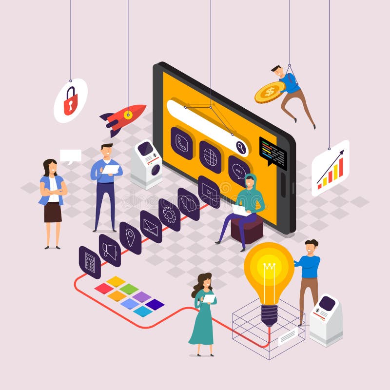 Flat Design Concept Team Working for Building Application on Mobile ... Flat Design Concept Team Working for Building Application on Mobile ...