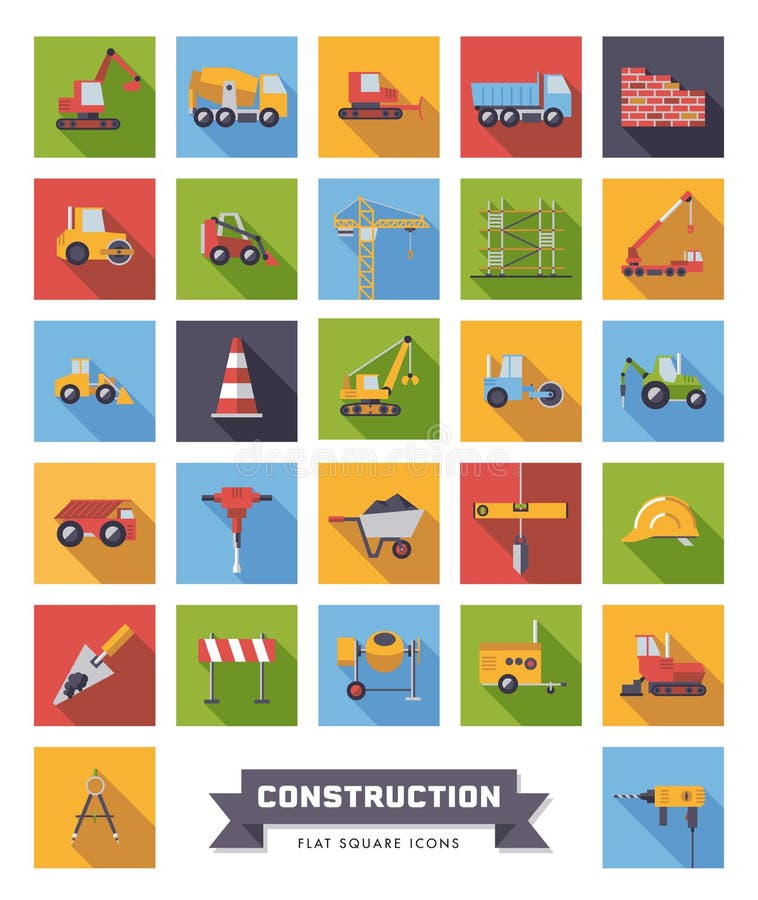 Flat Design Construction Industry Square Icons Set Stock Vector ...
