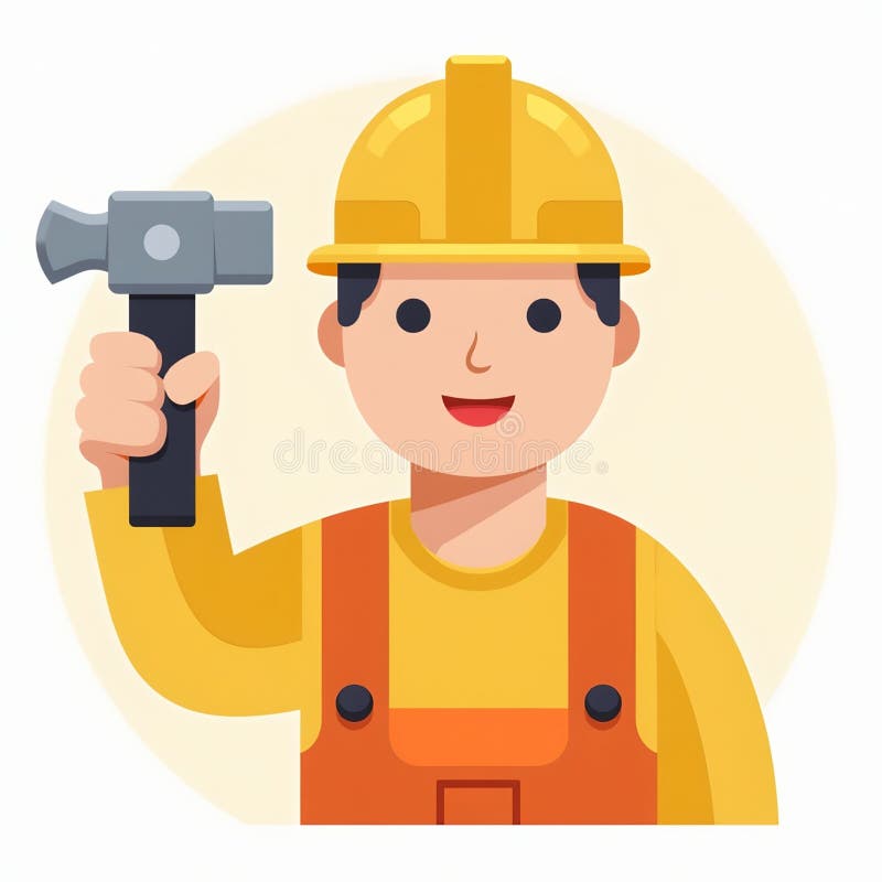 Flat Design Construction Worker Icon with Yellow Hard Hat and Hammer ...