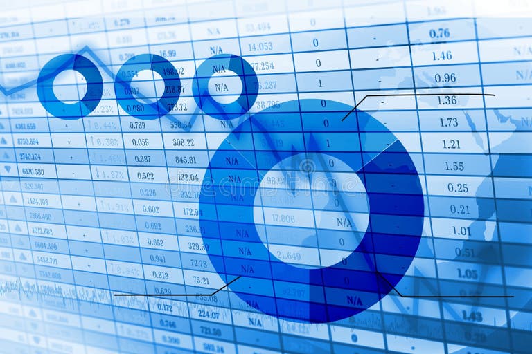 Flat Design Data Graphic Showing Large Blue Doughnut Chart, Data Grid ...