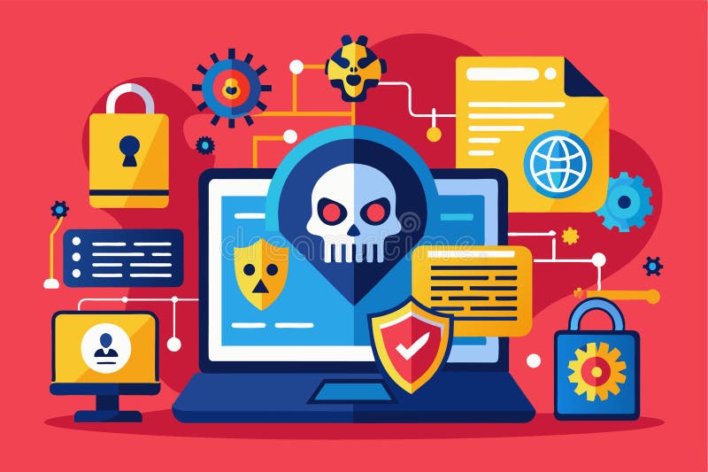 A Flat Design Depicts Various Cybersecurity Elements Illustrating ...