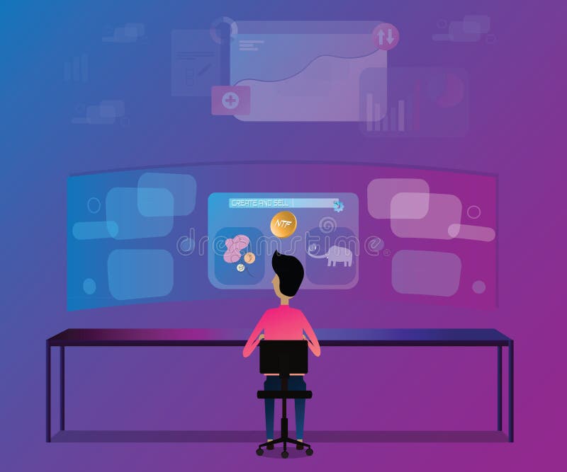 Flat Design of Digital Technology,a Man Sitting in Front of Computer ...