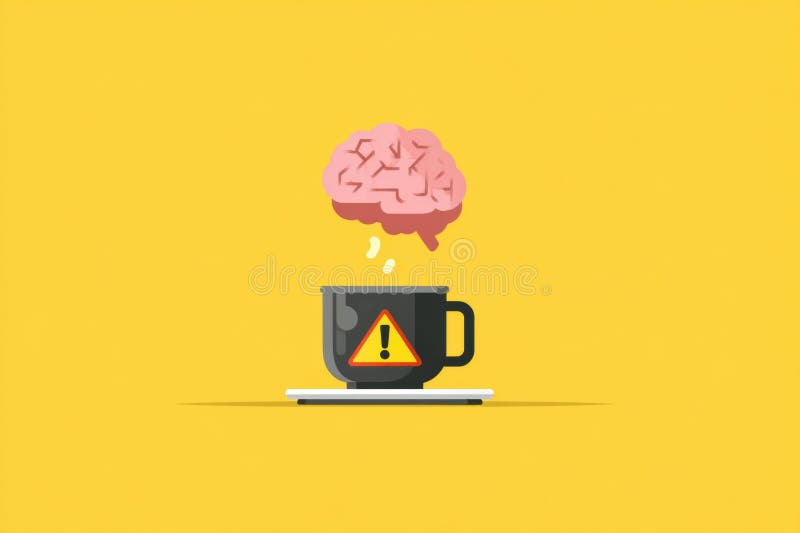 Coffee Cup with Warning Symbol and Brain Graphic in a Flat Style ...