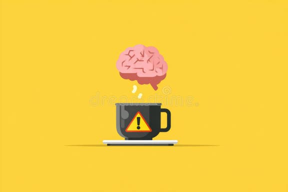 Coffee Cup with Warning Symbol and Brain Graphic in a Flat Style ...