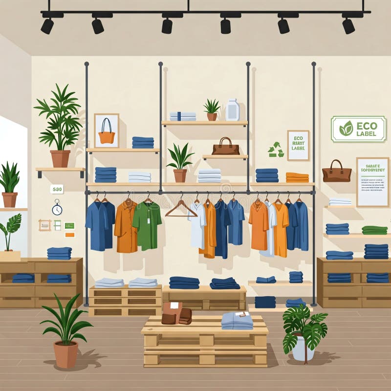 Flat Design of Eco Retail Store Interior with Recycled Fixtures Stock ...