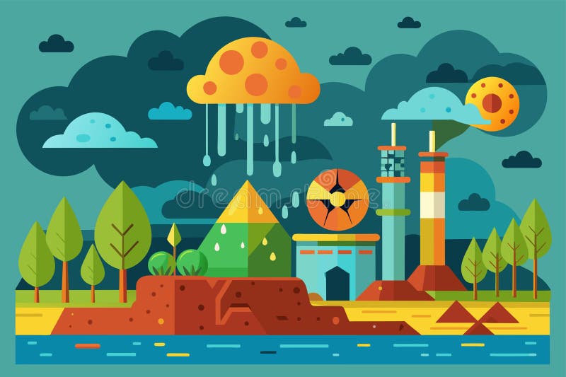 Flat Design of a Factory Surrounded by Trees and Clouds in an Acid Rain ...