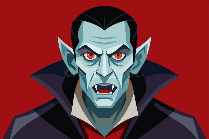 A Flat Design Features a Vampire with Striking Red Eyes and Sharp Fangs ...