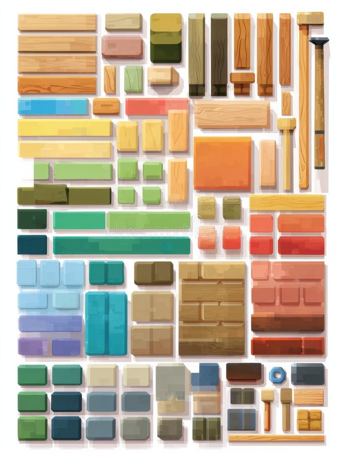 Flat Design Featuring Bricks, Blocks, Wood Pieces, and Tools Arranged ...