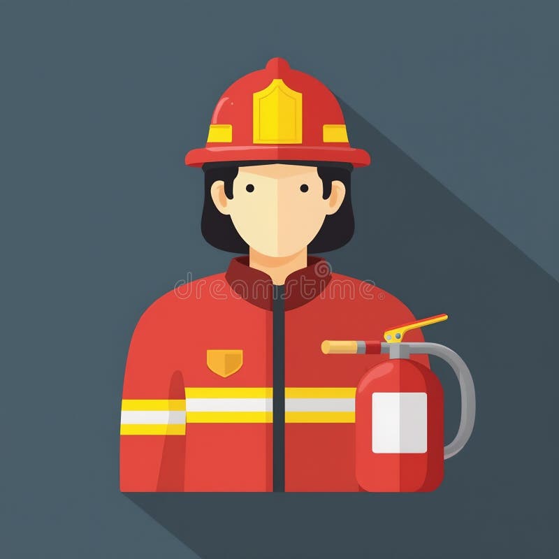 Flat Design Firefighter Icon with Red Helmet Jacket and Fire ...