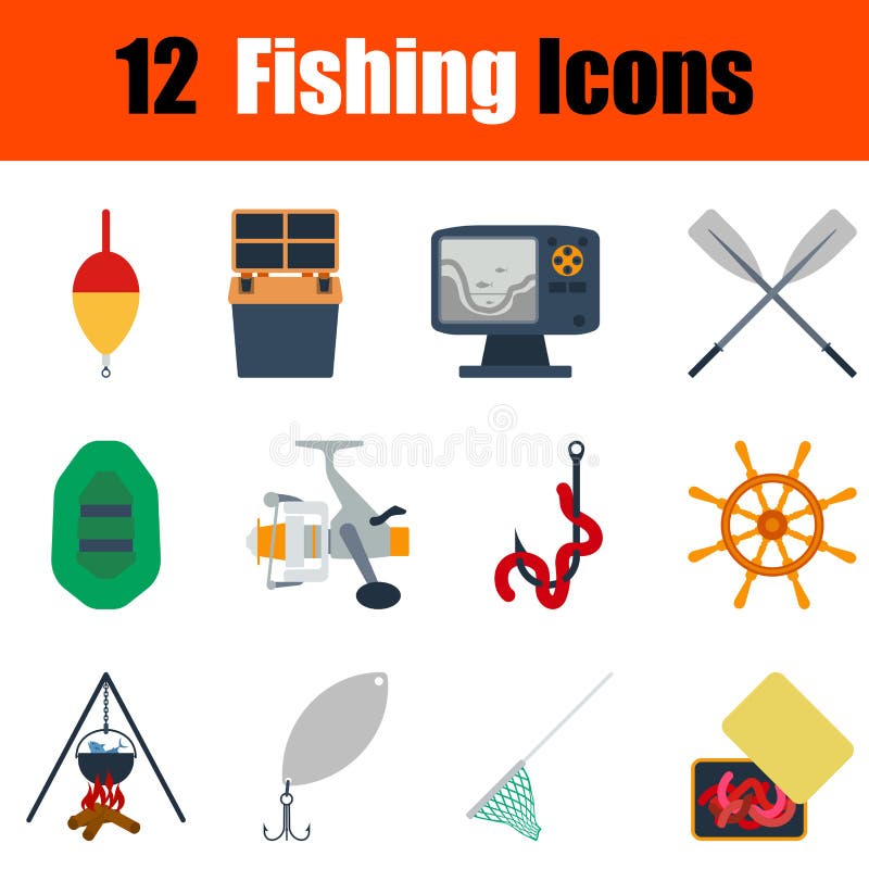 Flat Design Fishing Icon Set Stock Vector - Illustration of reel, pond ...