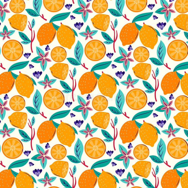 Flat Design Fruit and Floral Pattern Design Vector Illustration. Stock Vector - Illustration of ...