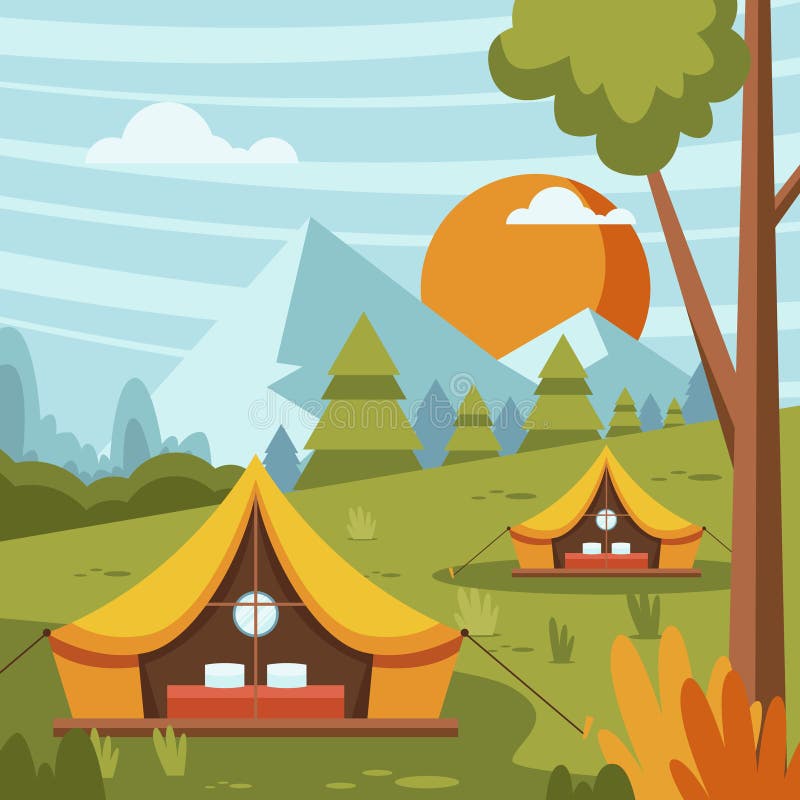 Flat Design Glamping Illustration Vector Illustration. Stock Vector ...
