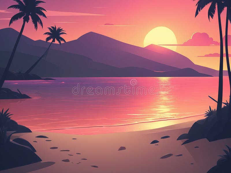 Flat Design Gradient Beach Sunset Landscape - Generated by Ai Stock ...