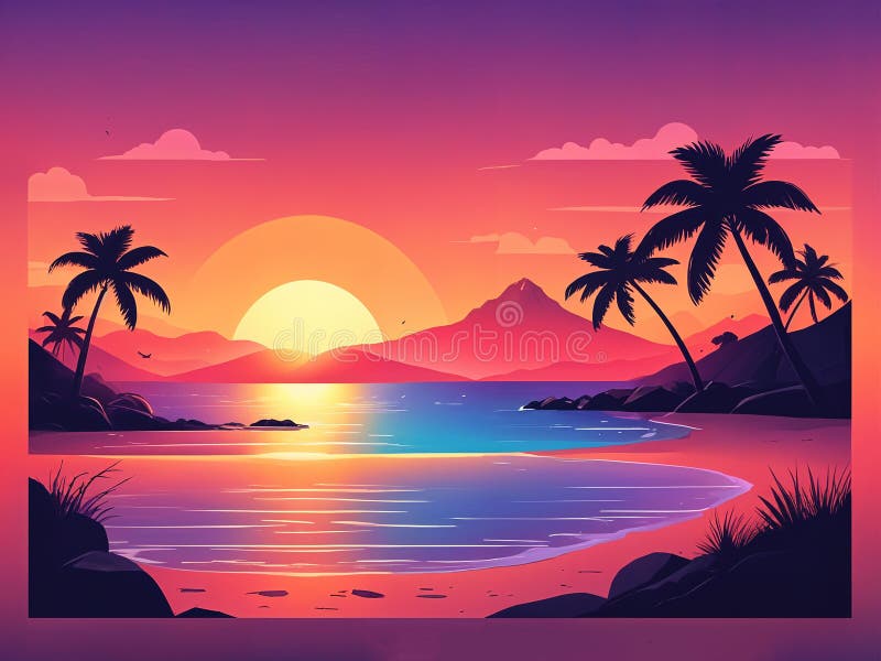 Flat Design Gradient Beach Sunset Landscape - Generated by Ai Stock ...