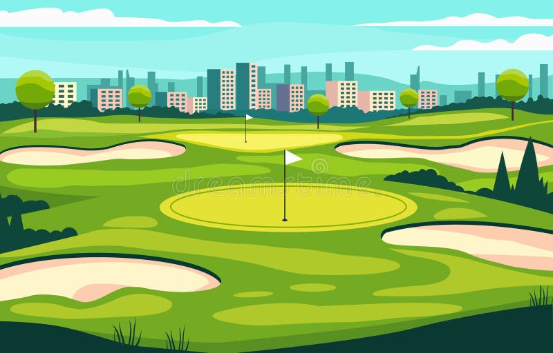 Flat Design of Green Golf Field Course with Cityscape in Bright Day ...
