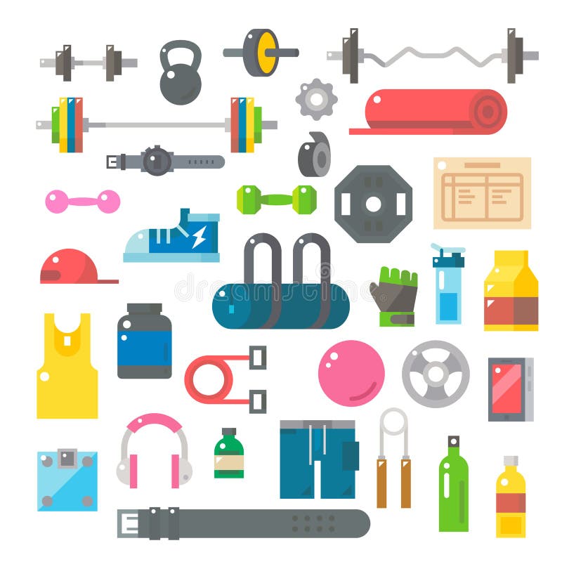 Flat Design of Gym Items Set Stock Vector - Illustration of ...