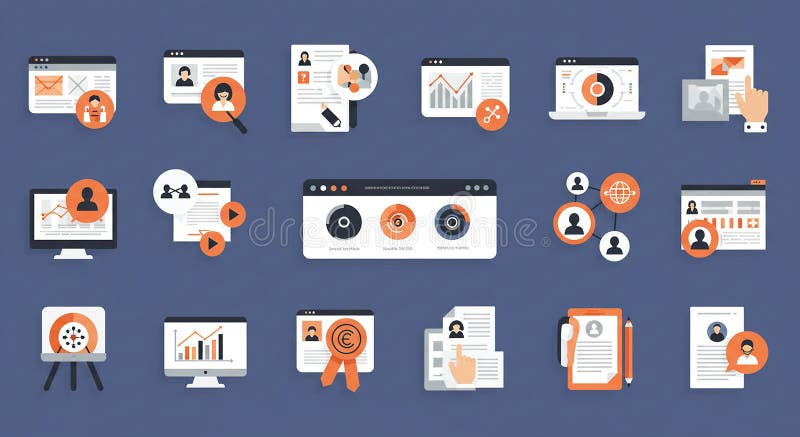 Flat Design Icons on a Dark Blue Background Depict Various Digital and ...