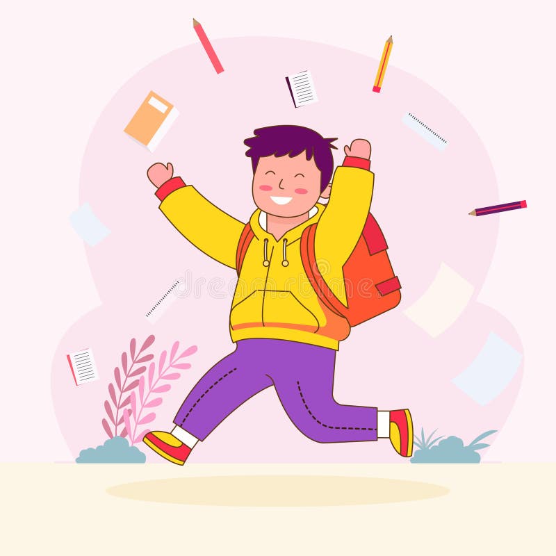 Flat Design Illustration of Cute Boy Character Jumping with Happy ...
