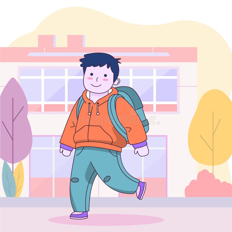 Flat Design Illustration of Cute Boy Character Walking in Front of the ...