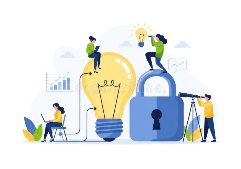 Business Team Collaborating Around Giant Lightbulb and Padlock Teamwork ...