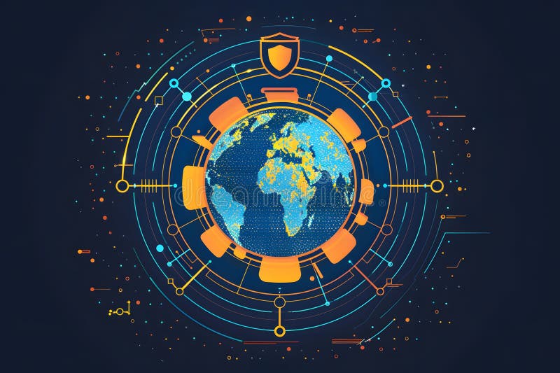 Flat Design Illustration of Globe with Cyber Security and Global ...