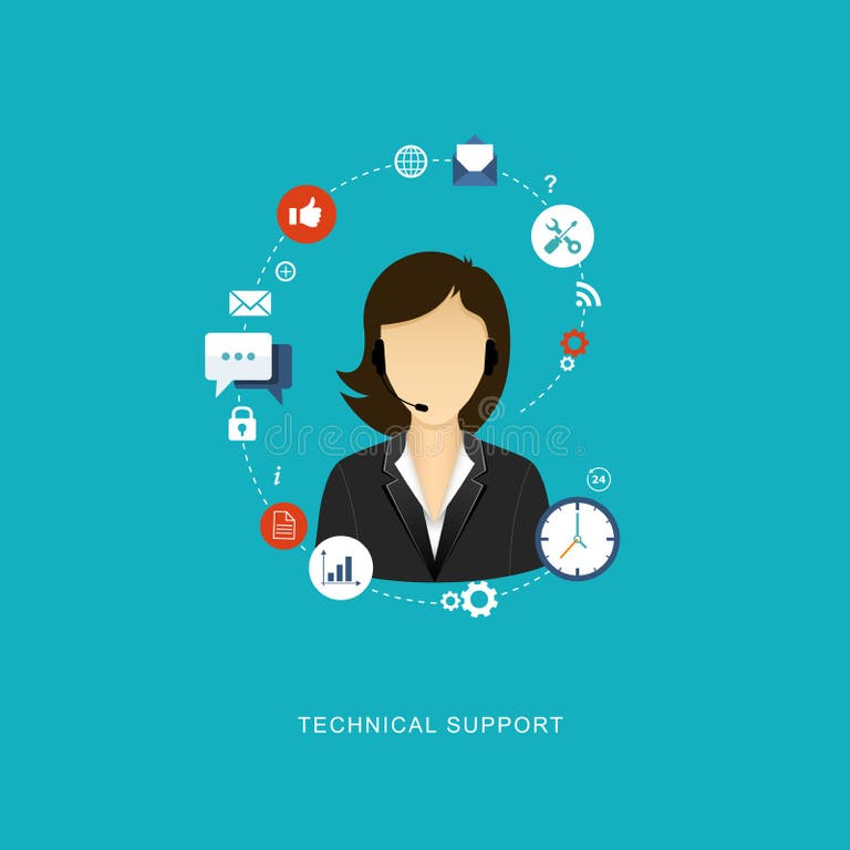 Flat Design Illustration with Icons. Technical Support Assistant Stock ...