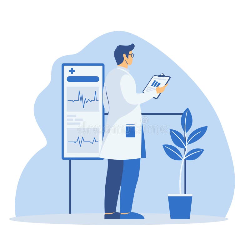 Flat Design Illustration of Male Doctor Analyzing Data with Infographic ...