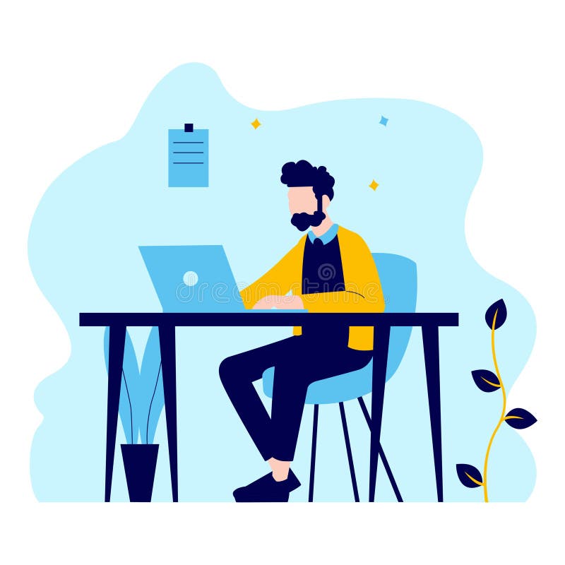 Flat Design Illustration of Man Entrepreneur Working with Laptop at ...