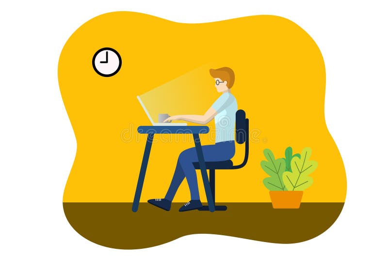 Illustration of a Man Working Indoors, Using a Laptop Stock Vector ...
