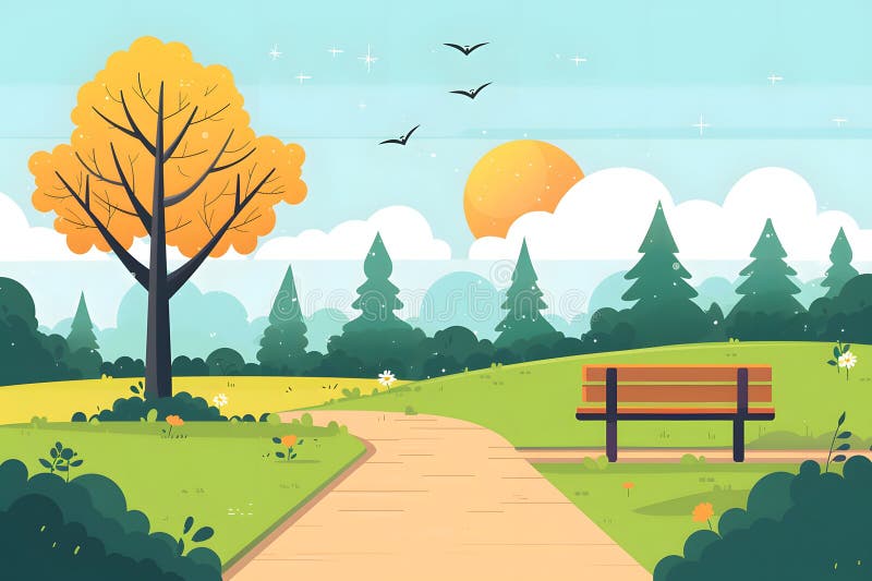 A Flat Design Illustration of a Minimalist Park with a Single Path ...