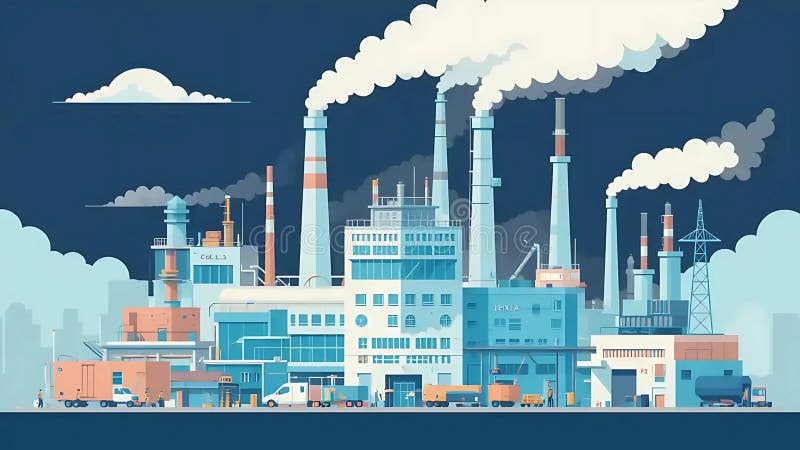 Flat Design Illustration of a Modern Factory with Smokestacks, Machines ...