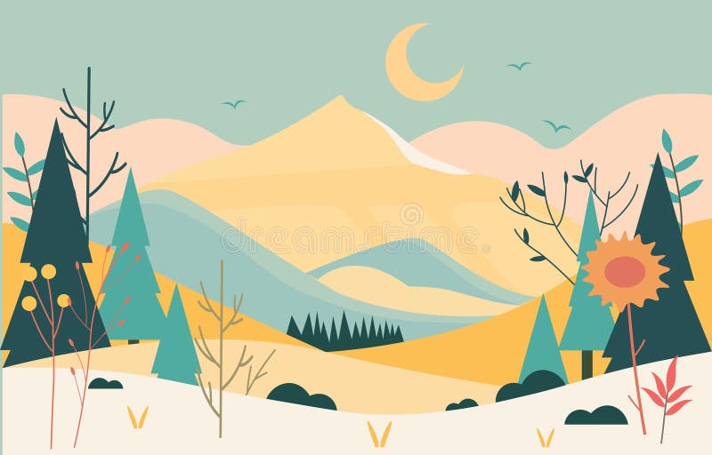 Flat Design Illustration of Mountain Nature Landscape in Spring with ...