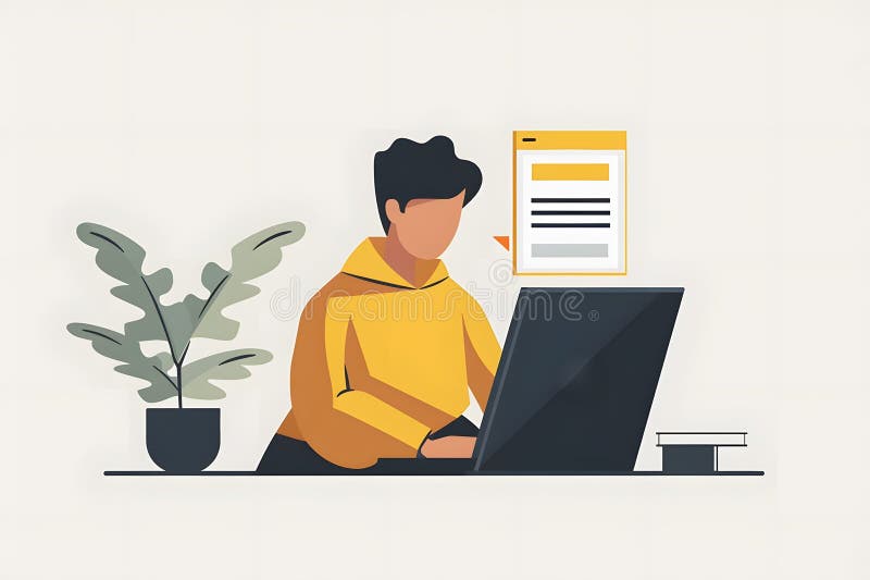 Flat Design Illustration of a Person Using a Laptop and Working at a ...