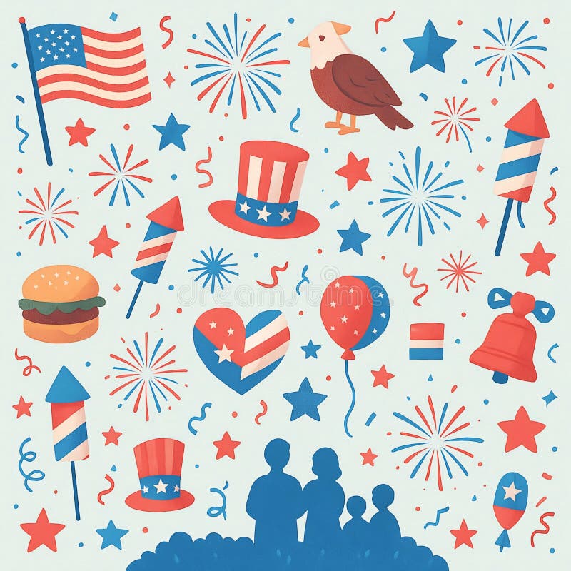 Flat Design Illustration Set for 4th of July USA Celebration. Stock ...