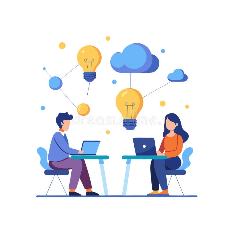 Creative Team Collaboration with Laptop and Ideas Sharing in a Flat Design Stock Vector ...
