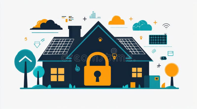 Flat Design Illustration of Smart Home Security and Solar Technology ...