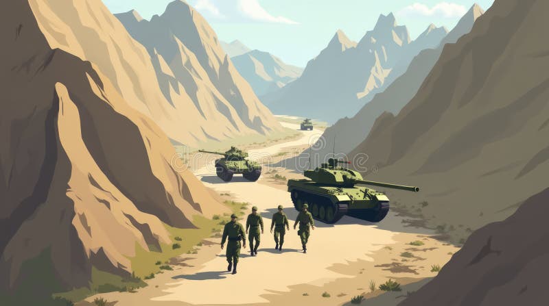 Flat Design Illustration of Tanks and Armored Vehicles Driving through ...