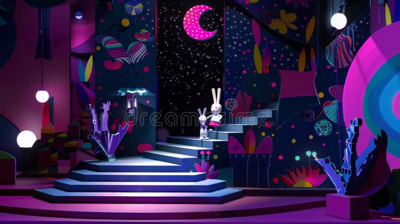 Flat Design Illustration of a Whimsical Stage Setting with Two Paper ...
