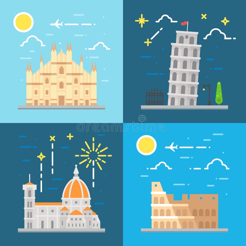 Flat Design Italy Landmarks Set Stock Vector - Illustration of europe ...