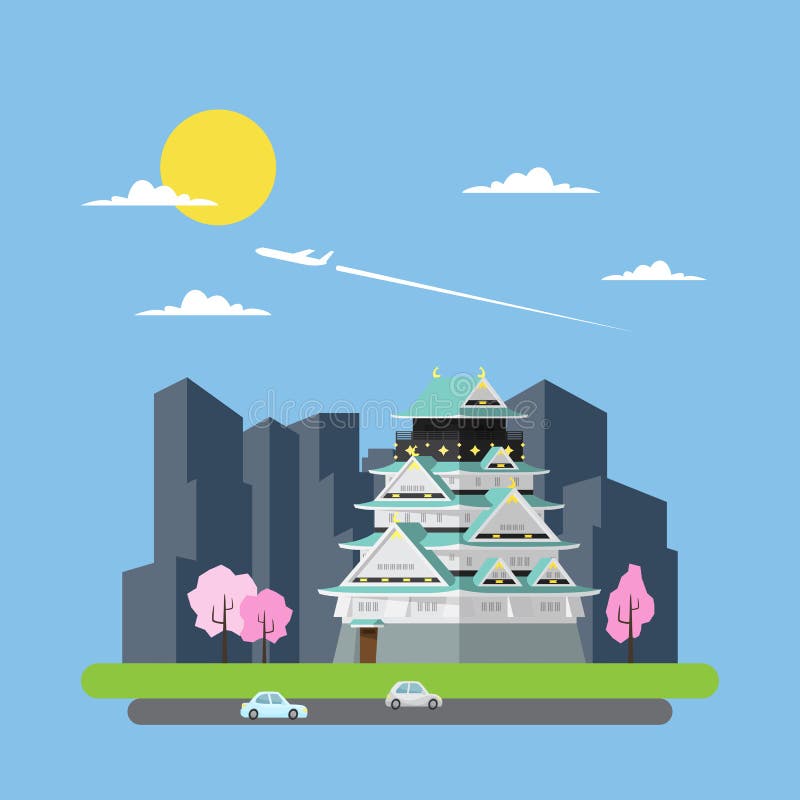 Flat Design of Japan Castle Stock Vector - Illustration of blossom ...