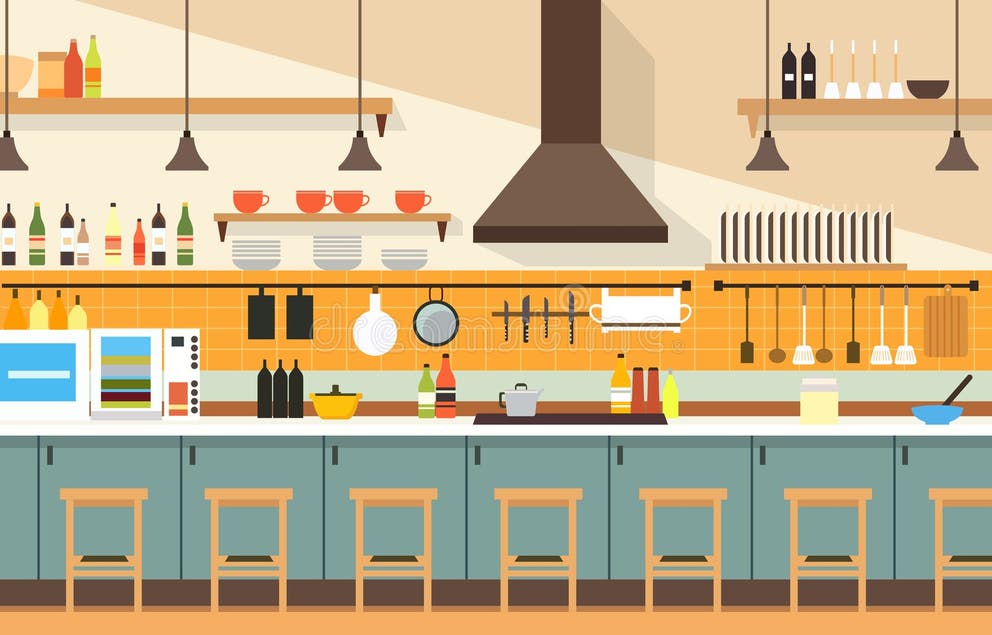 Flat Design of Kitchen in Restaurant with Kitchen Utensils and Customer ...