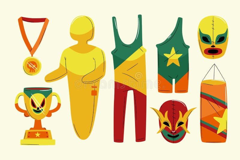 Flat Design Mexican Wrestler Element Set Vector Illustration. Stock Vector - Illustration of ...