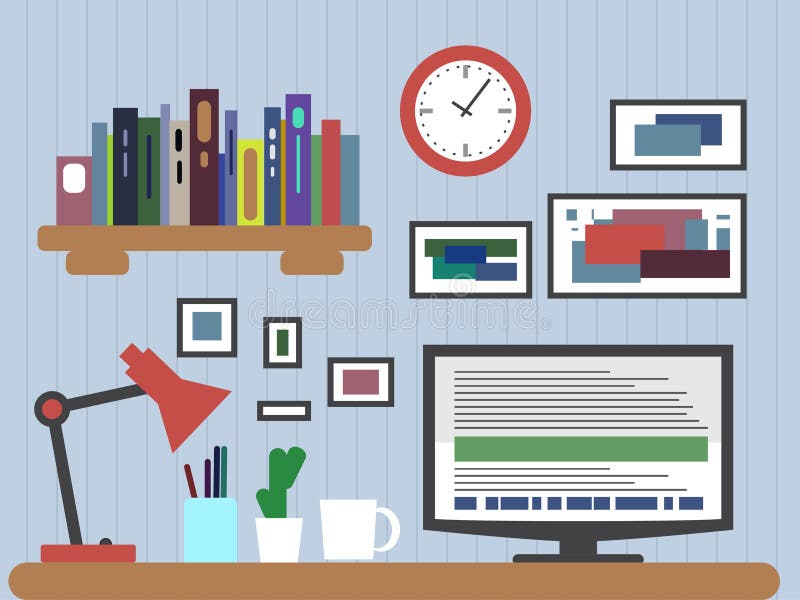 Flat Design of Modern Office Interior with Designer Desktop Showing ...