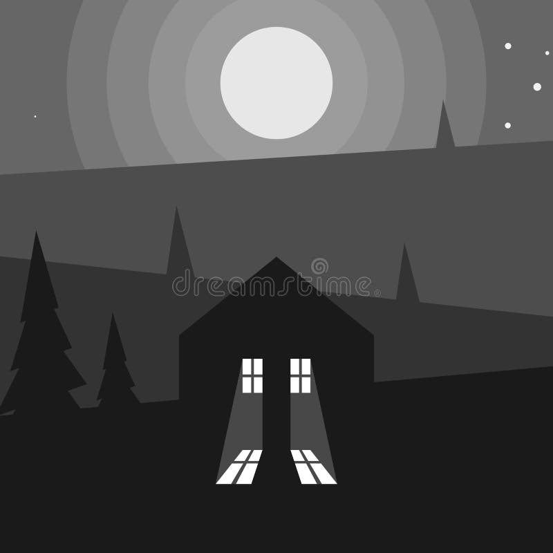 Flat Design Night Landscape with Moon, Trees, Home Vector Illustration ...