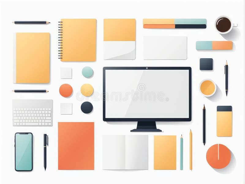 Flat Design of Office Desk with Computer , Tablet Notebook and Other ...