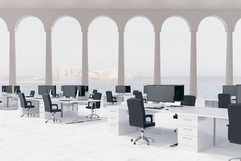 Flat Design Office is Showing White Workstations and Black Chairs Under ...