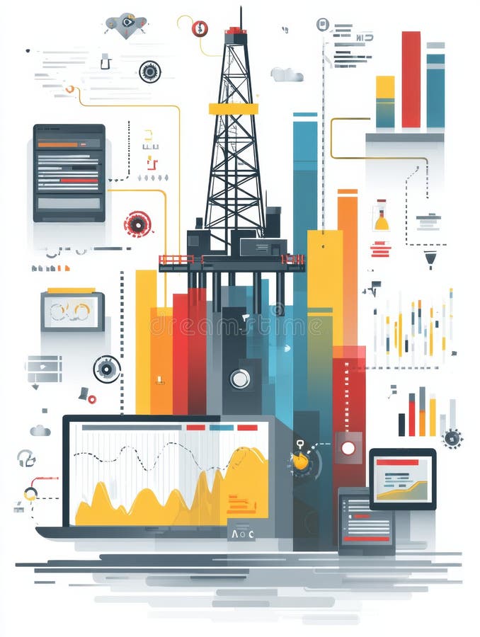 Flat Design of an Oil Rig Surrounded by Digital UI Elements Showcasing ...